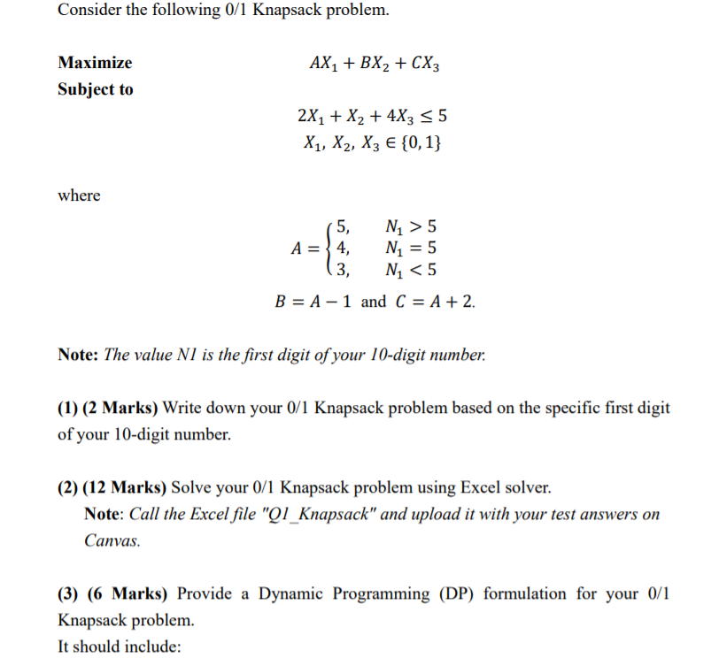 Consider the following 0/1 Knapsack problem. AX1 + | Chegg.com