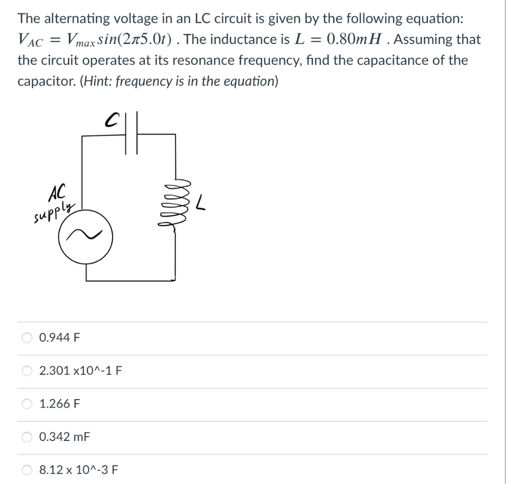 Solved v=The alternating voltage in an LC circuit is given | Chegg.com