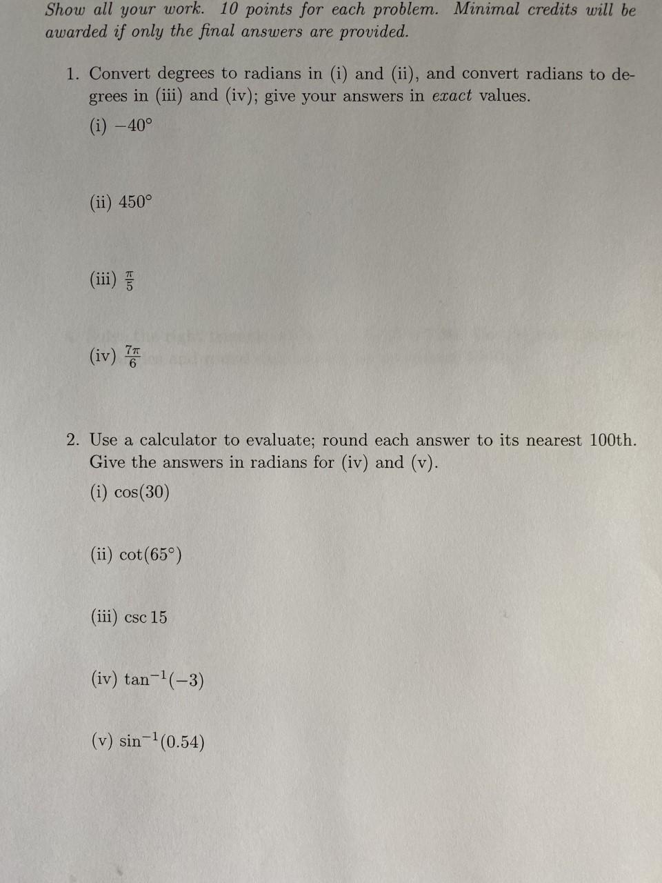 Solved Show all your work. 10 points for each problem. | Chegg.com