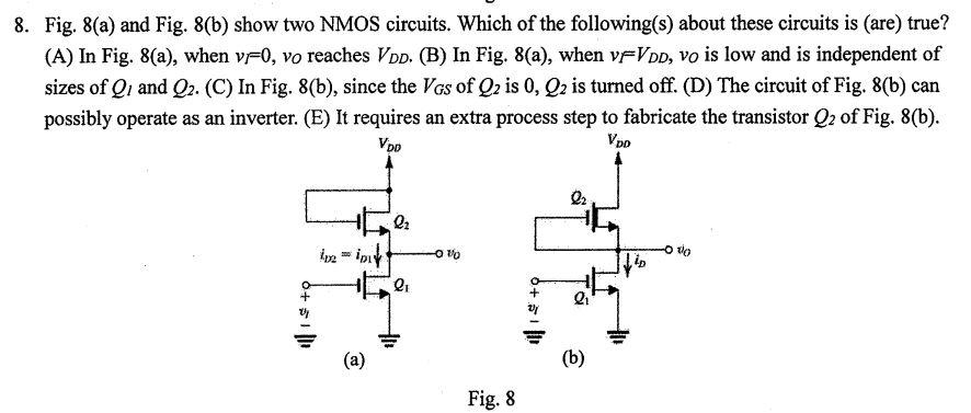Solved 8. Fig. 8(a) and Fig. 8(b) show two NMOS circuits. | Chegg.com