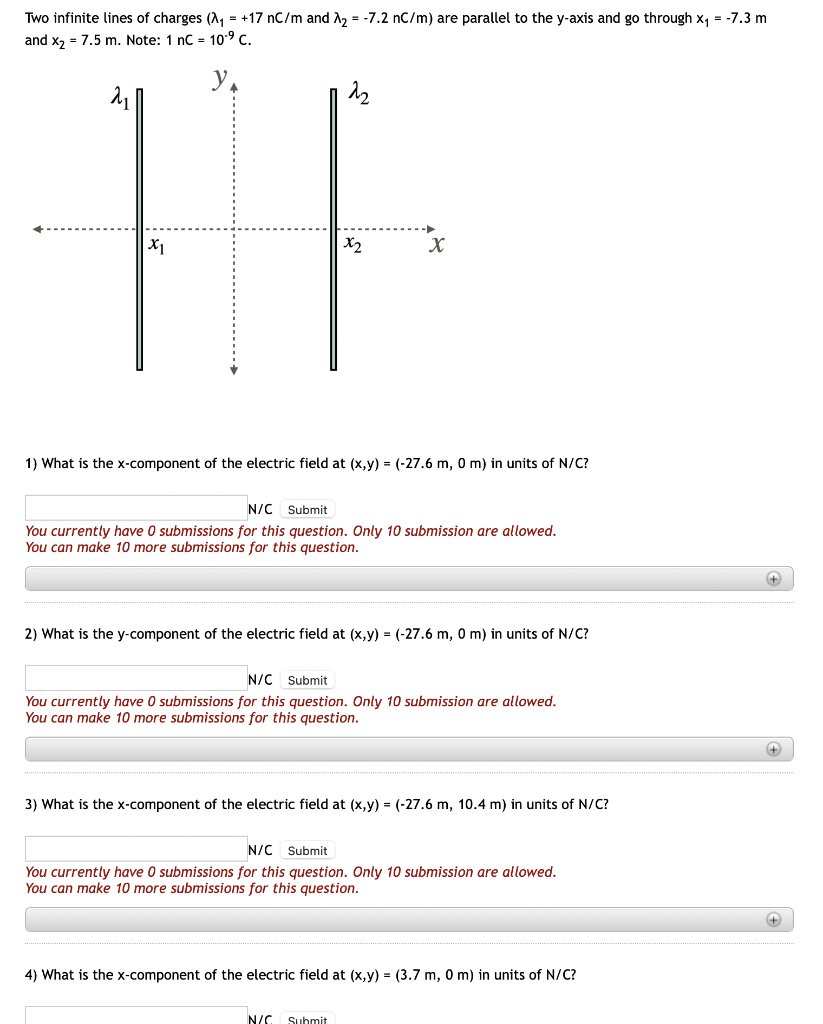 Solved Two infinite lines of charges (λ1=+17nC/m and | Chegg.com