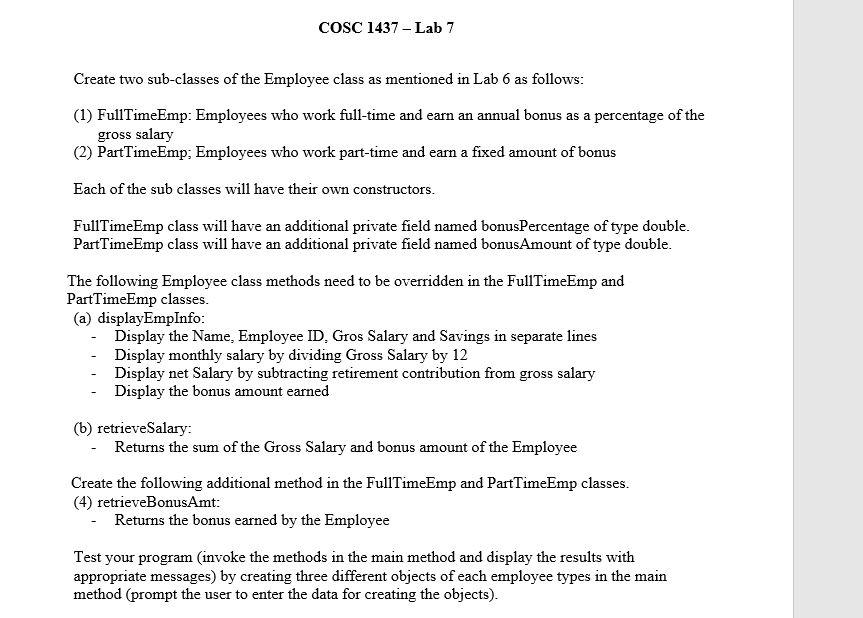 Solved COSC 1437 - Lab 7 Create two sub-classes of the | Chegg.com