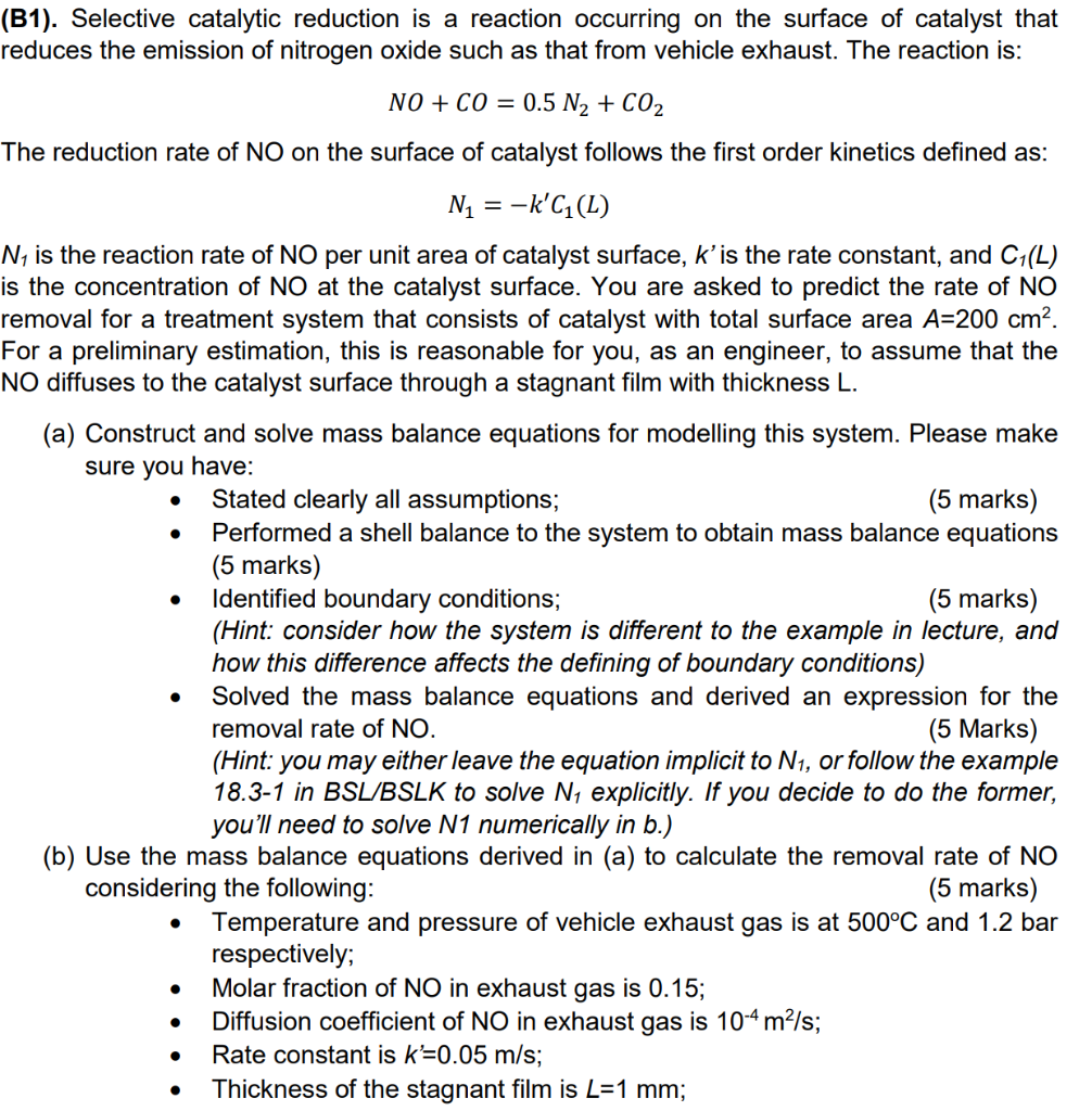 Solved (B1). Selective catalytic reduction is a reaction | Chegg.com