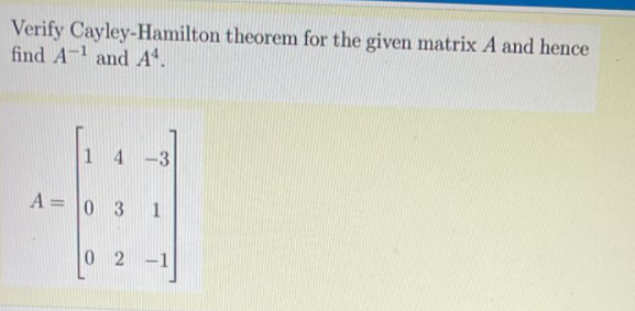 Solved Verify Cayley-Hamilton theorem for the given matrix A | Chegg.com