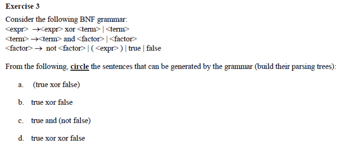 Solved Exercise 3 Consider the following BNF grammar: | Chegg.com