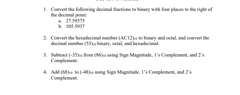 Solved 1. Convert the following decimal fractions to binary | Chegg.com