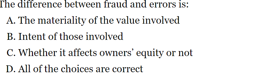 Solved The difference between fraud and errors is: A. The | Chegg.com