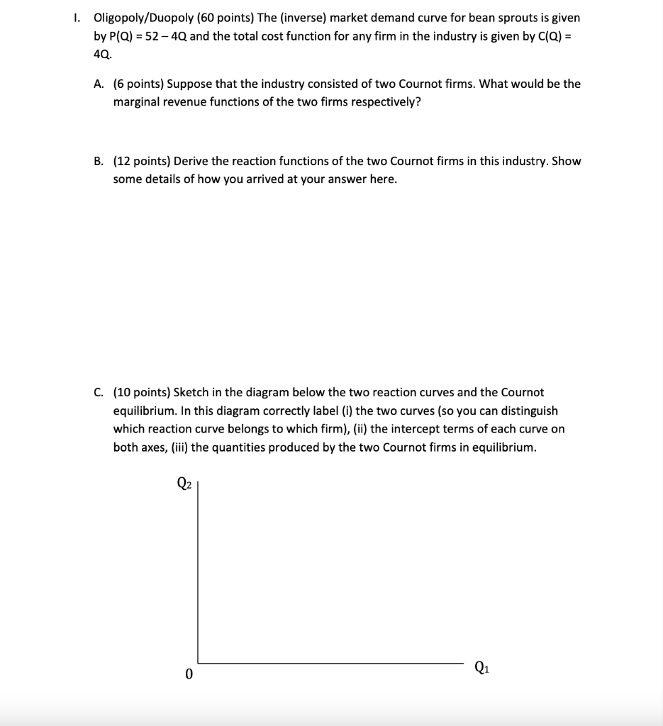 Solved I. Oligopoly/Duopoly (60 points) The (inverse) market | Chegg.com
