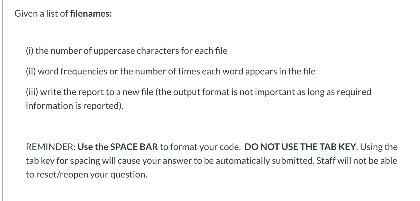 Solved Given a list of filenames: (i) the number of | Chegg.com