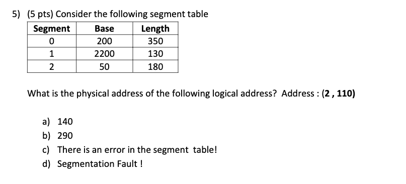 Solved 5) (5 pts) Consider the following segment table What | Chegg.com