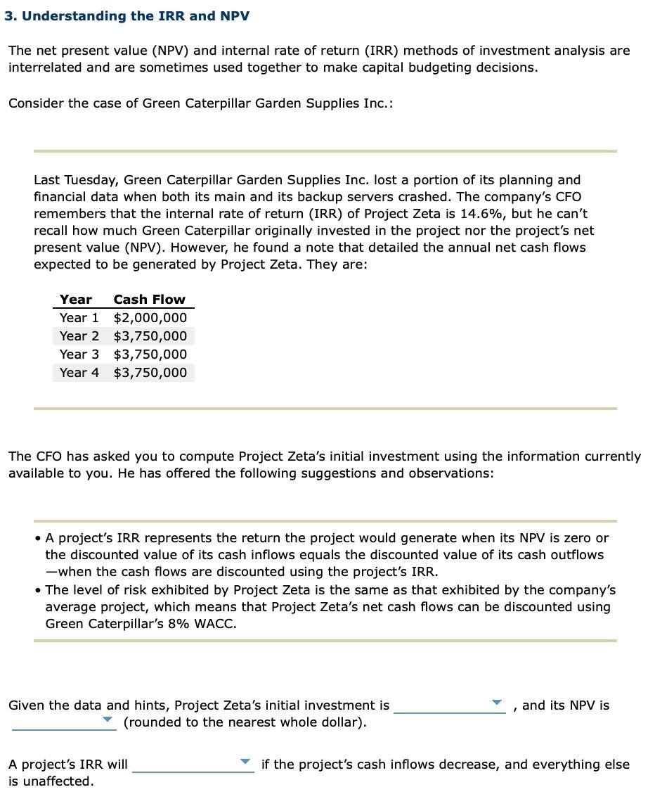 Solved 3. Understanding the IRR and NPV The net present | Chegg.com