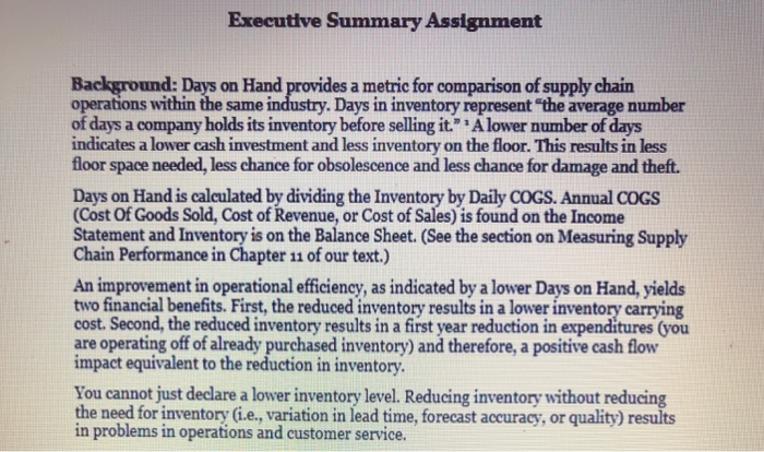 Solved Executive Summary Assignment Background: Days on Hand | Chegg.com