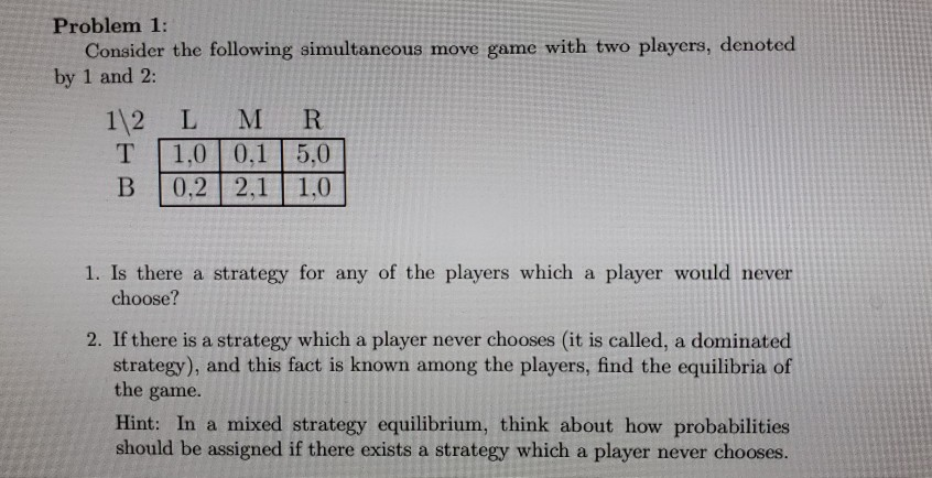 Solved Problem 1: Consider the following simultaneous move | Chegg.com