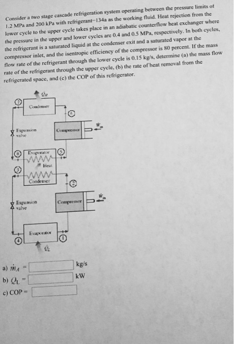 Solved Consider a two stage cascade refrigeration system | Chegg.com