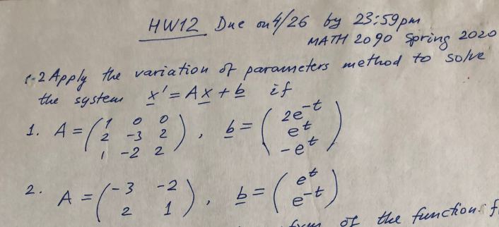 Solved HW12 Due ont/26 by 23:59 pm MATH 2090 Spring 2020 1-2 | Chegg.com