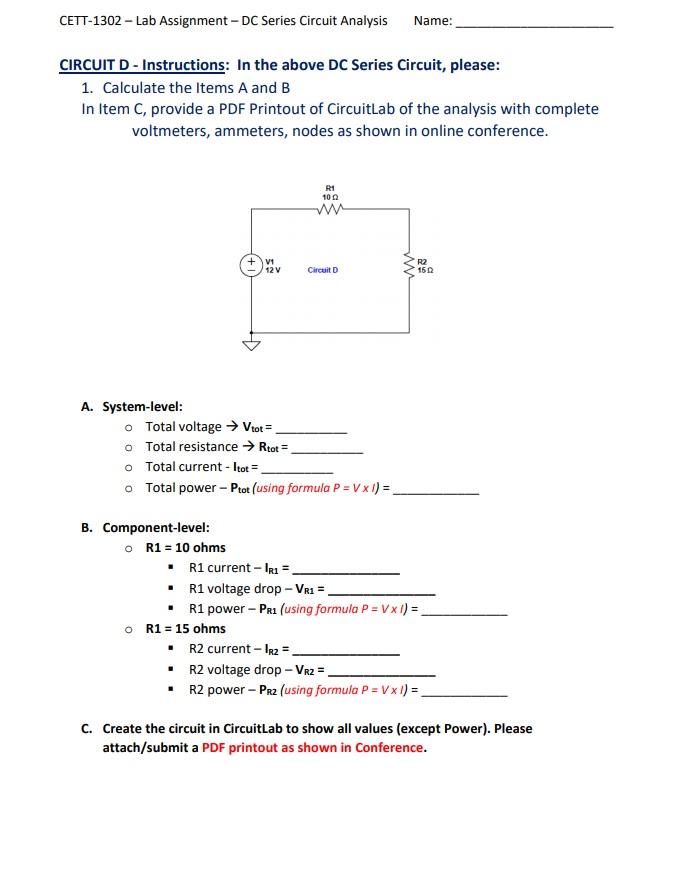 Solved CETT-1302 - Lab Assignment - DC Series Circuit | Chegg.com