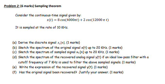 Solved Problem 2: (6 marks) Sampling theorem Consider the | Chegg.com