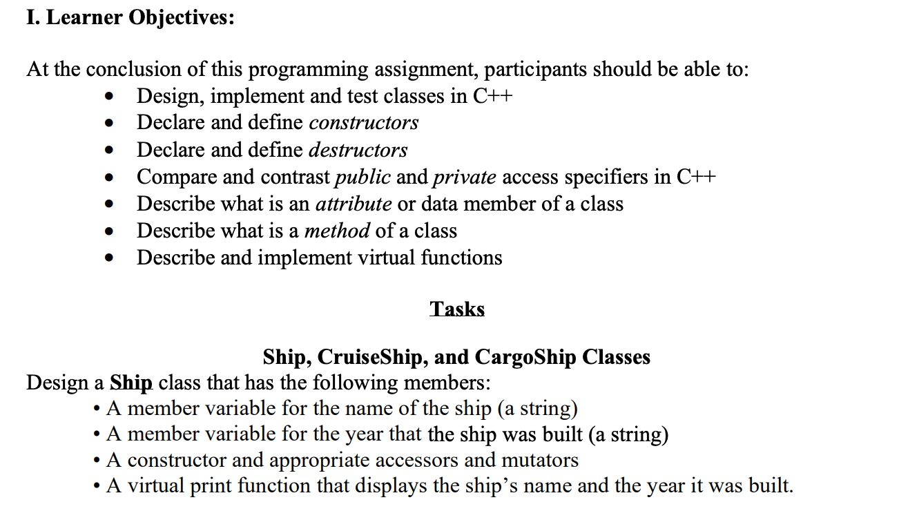 Solved I. Learner Objectives: At the conclusion of this | Chegg.com