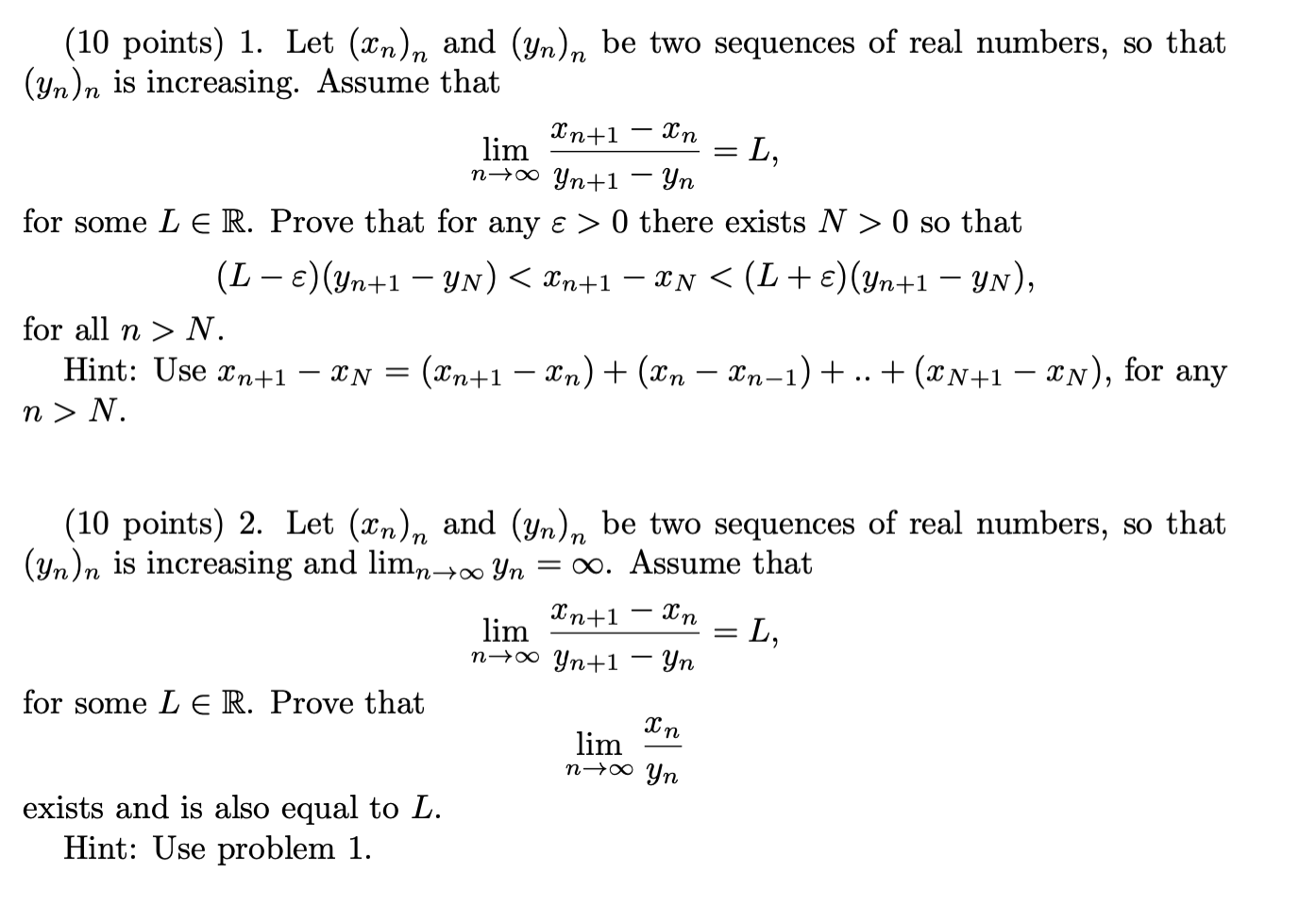Solved = Dua (10 points) 1. Let (en)n and (yn)n be two | Chegg.com