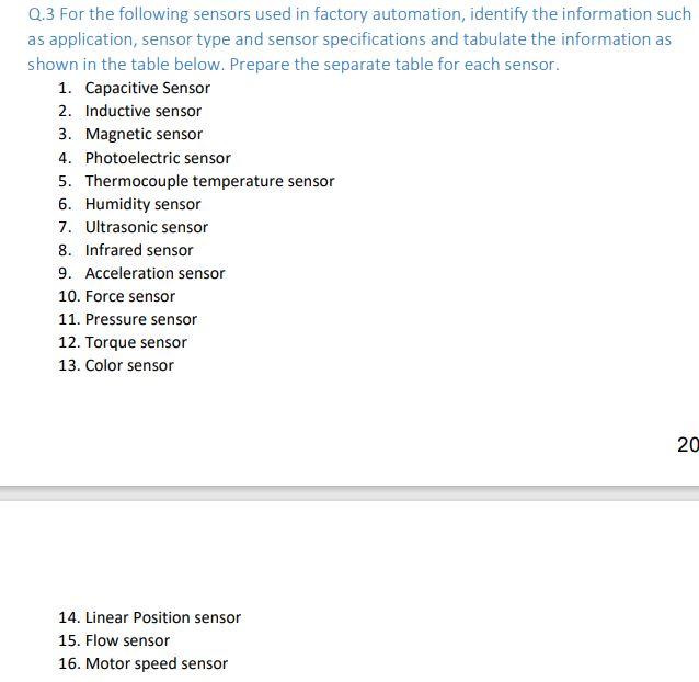 Q.3 For the following sensors used in factory | Chegg.com