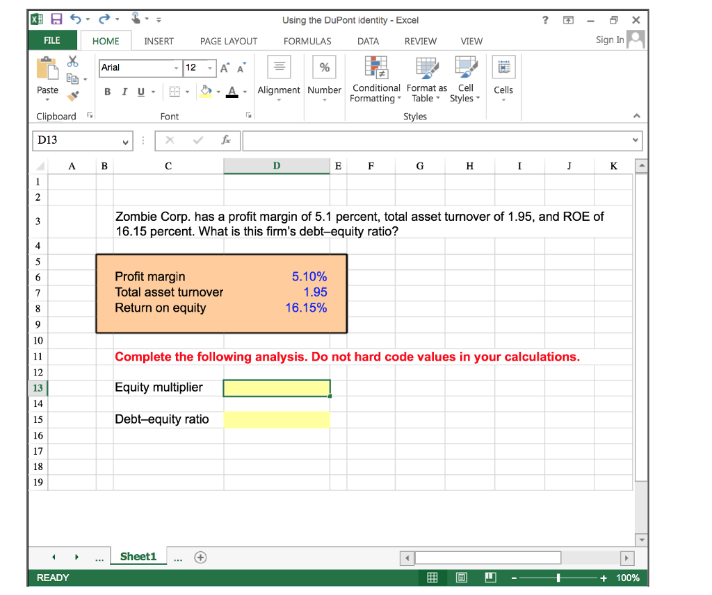 Solved Using the DuPont identity- Excel FILE HOME INSERT | Chegg.com
