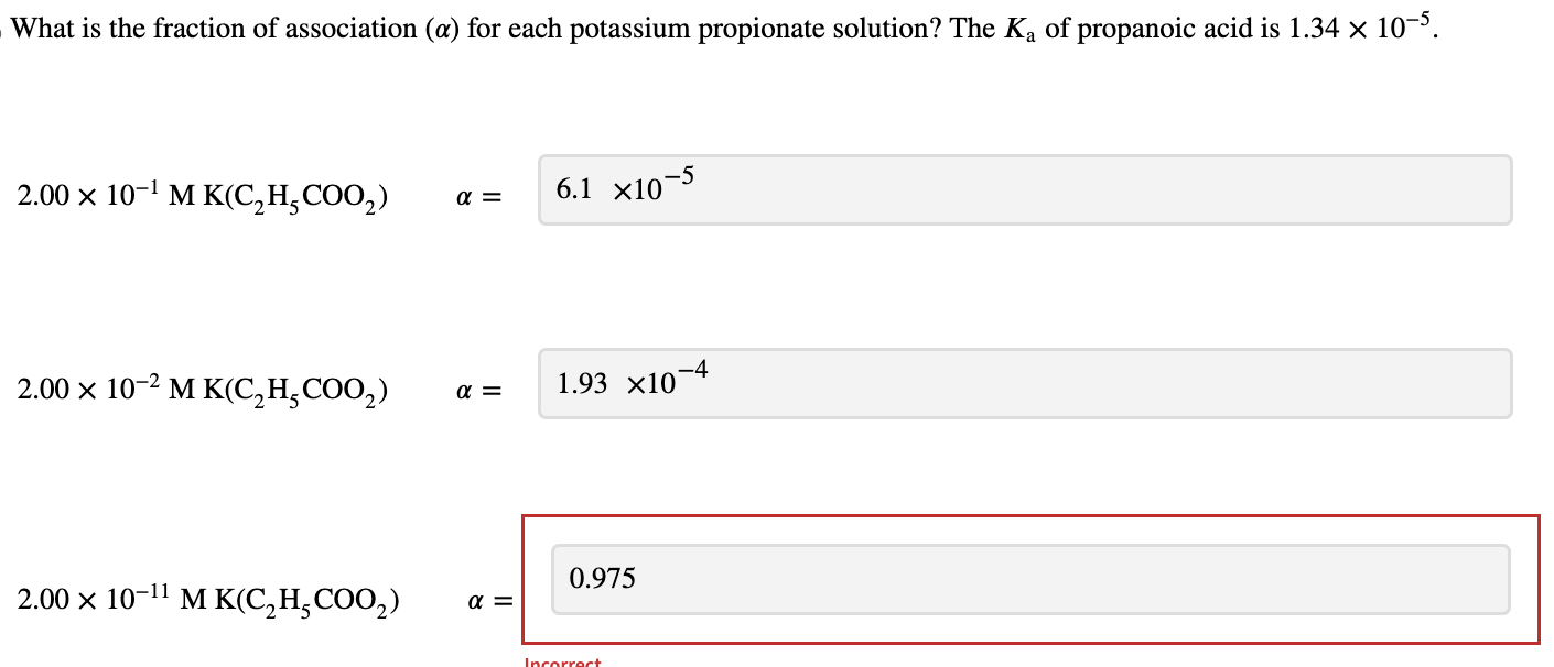 Solved What is the fraction of association (α) for each | Chegg.com