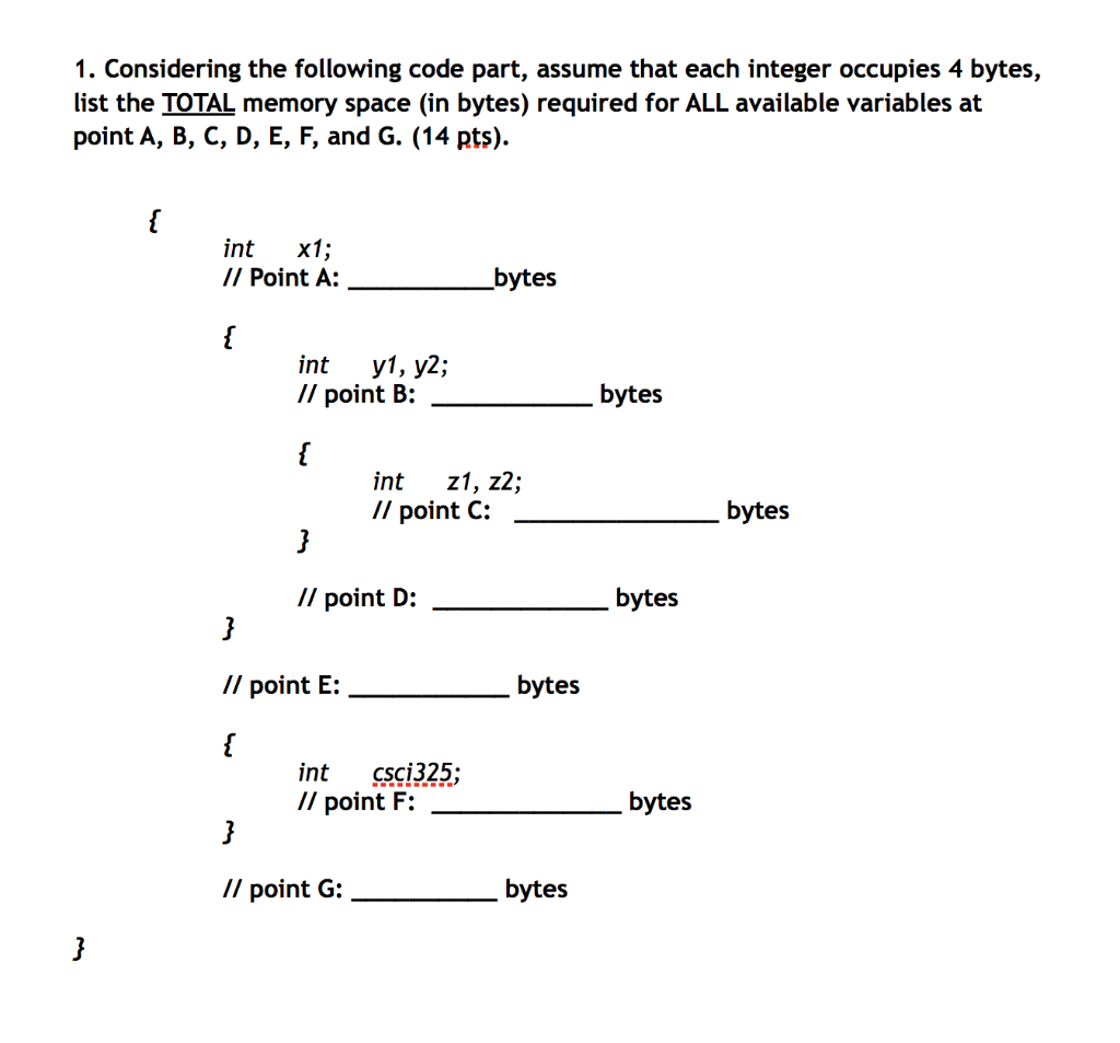 Solved 1. Considering the following code part, assume that | Chegg.com