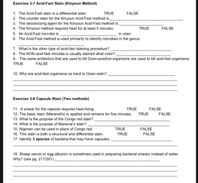 Solved Exercise 3-7 Acid-Fast Stain (Kinyoun Method TRUE | Chegg.com