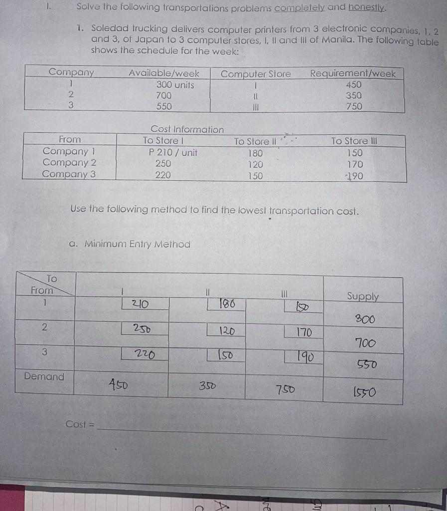 Solved b. Vogel's Approximation Method To From 1 10 III 200 | Chegg.com
