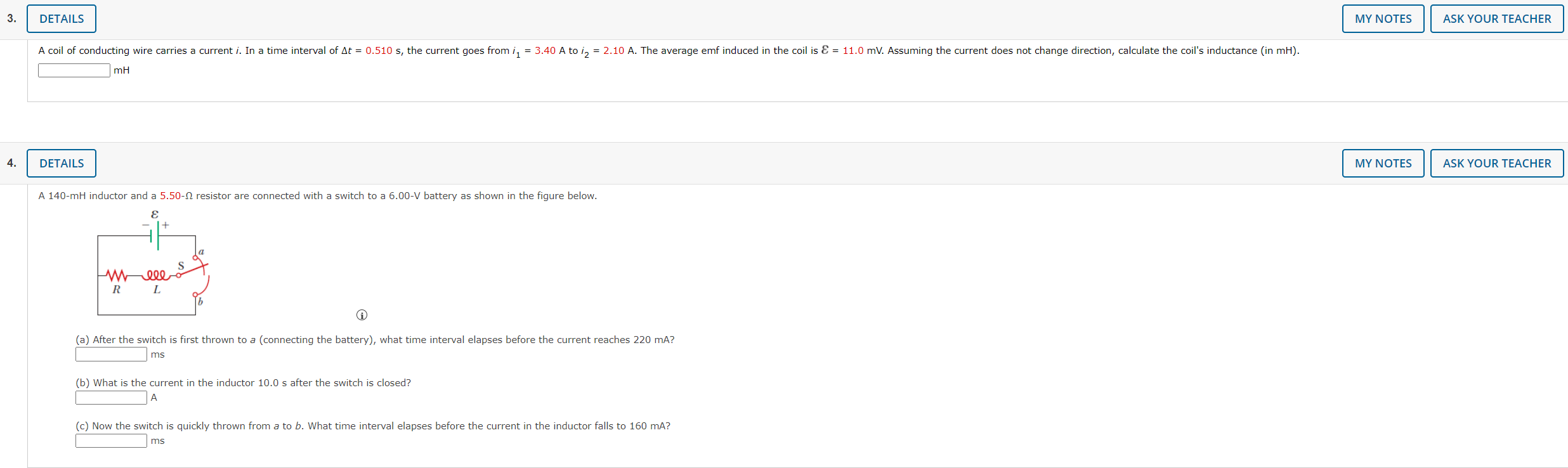 Solved mH A 140-mH inductor and a 5.50- Ω resistor are | Chegg.com