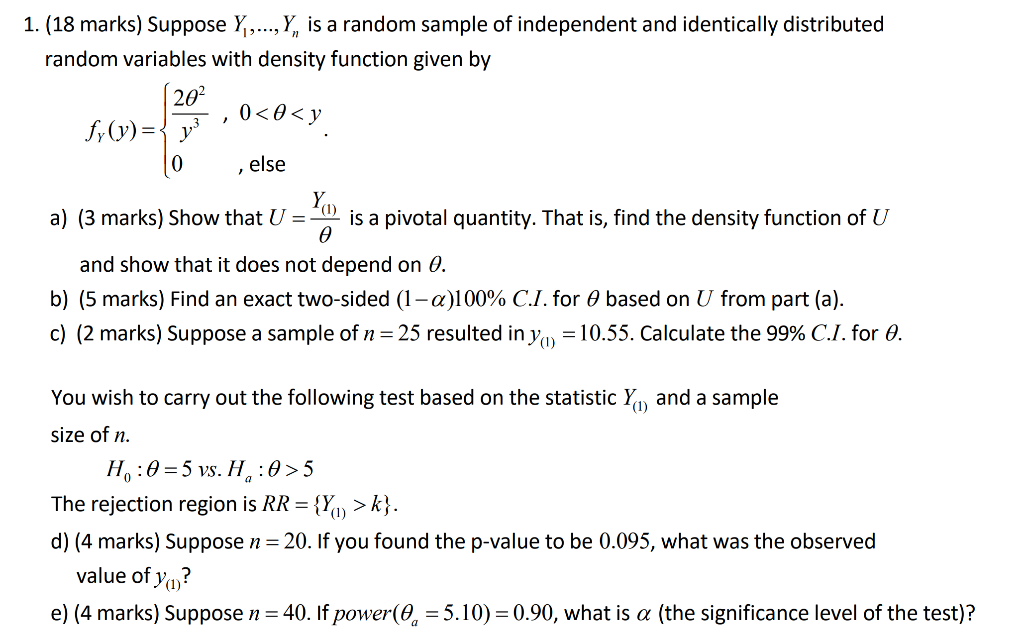 1. (18 marks) Suppose Y1,…,Yn is a random sample of | Chegg.com