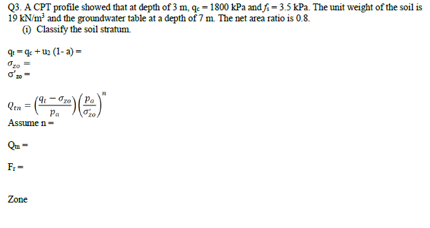 Solved Q3. A CPT profile showed that at depth of 3 m. qc = | Chegg.com