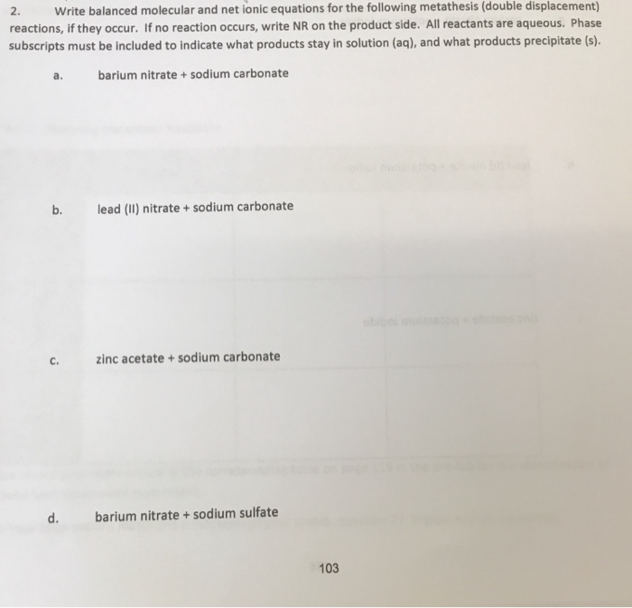 Solved 2. Write balanced molecular and net ionic equations | Chegg.com