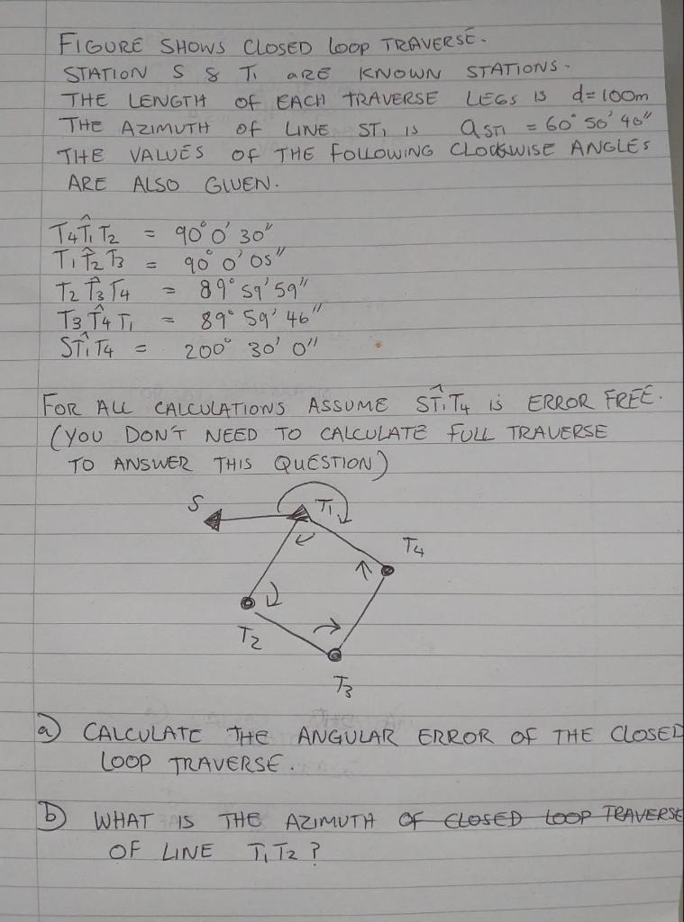 Solved FIgure shows closed loop traverse. STATION S \& T. | Chegg.com