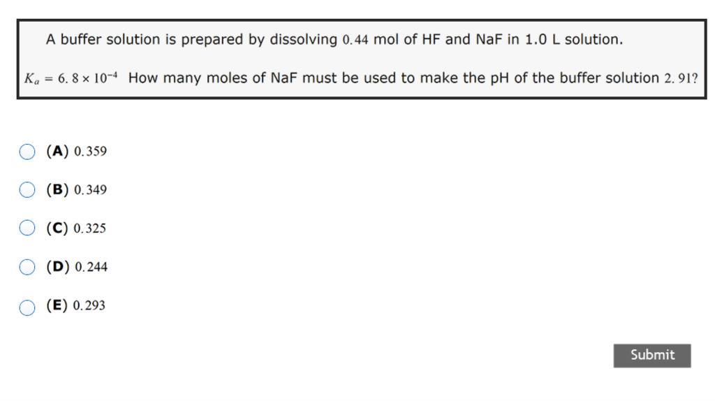 Solved A buffer solution is prepared by dissolving 0.44 mol | Chegg.com
