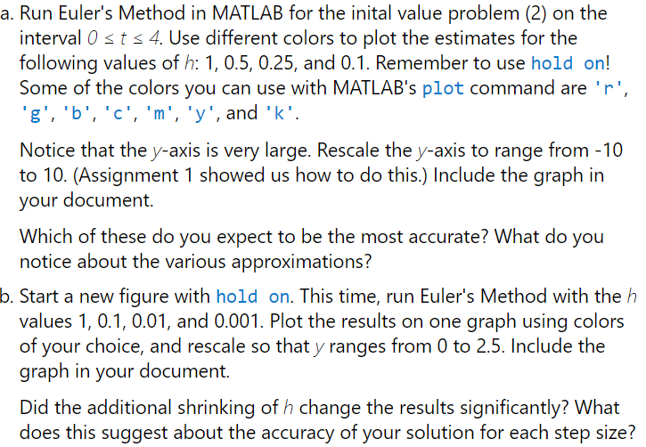 a. Run Euler's Method in MATLAB for the inital value | Chegg.com