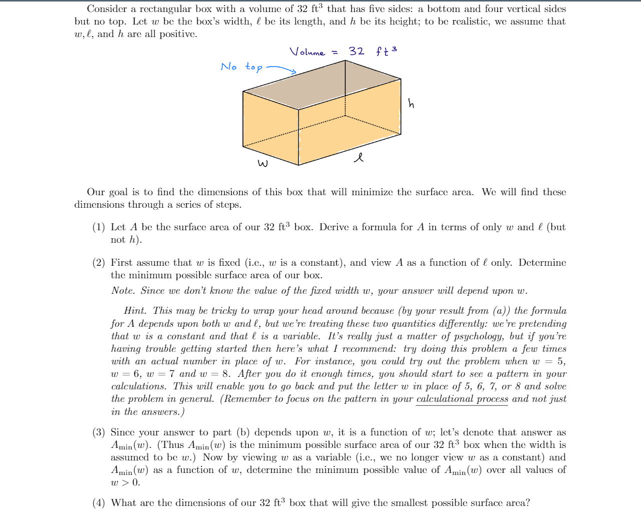 Solved Consider a rectangular box with a volume of 32 ft3 | Chegg.com