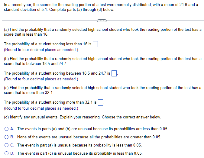 Solved In a recent year, the scores for the reading portion | Chegg.com