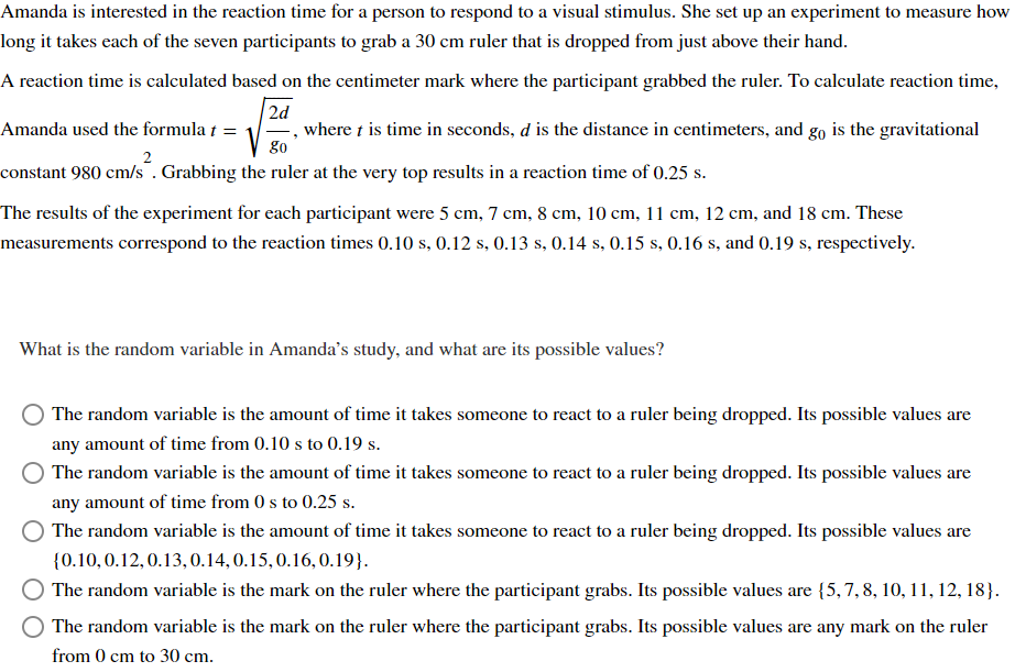 Solved Imanda is interested in the reaction time for a | Chegg.com