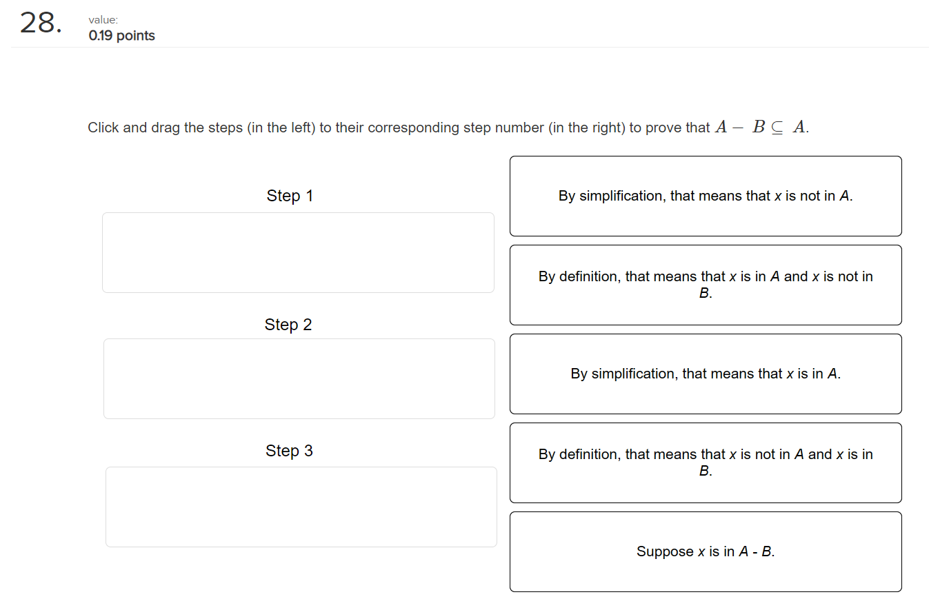 Solved 28. value: 0.19 points Click and drag the steps (in | Chegg.com