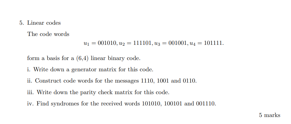 Solved 5. Linear codes The code words | Chegg.com