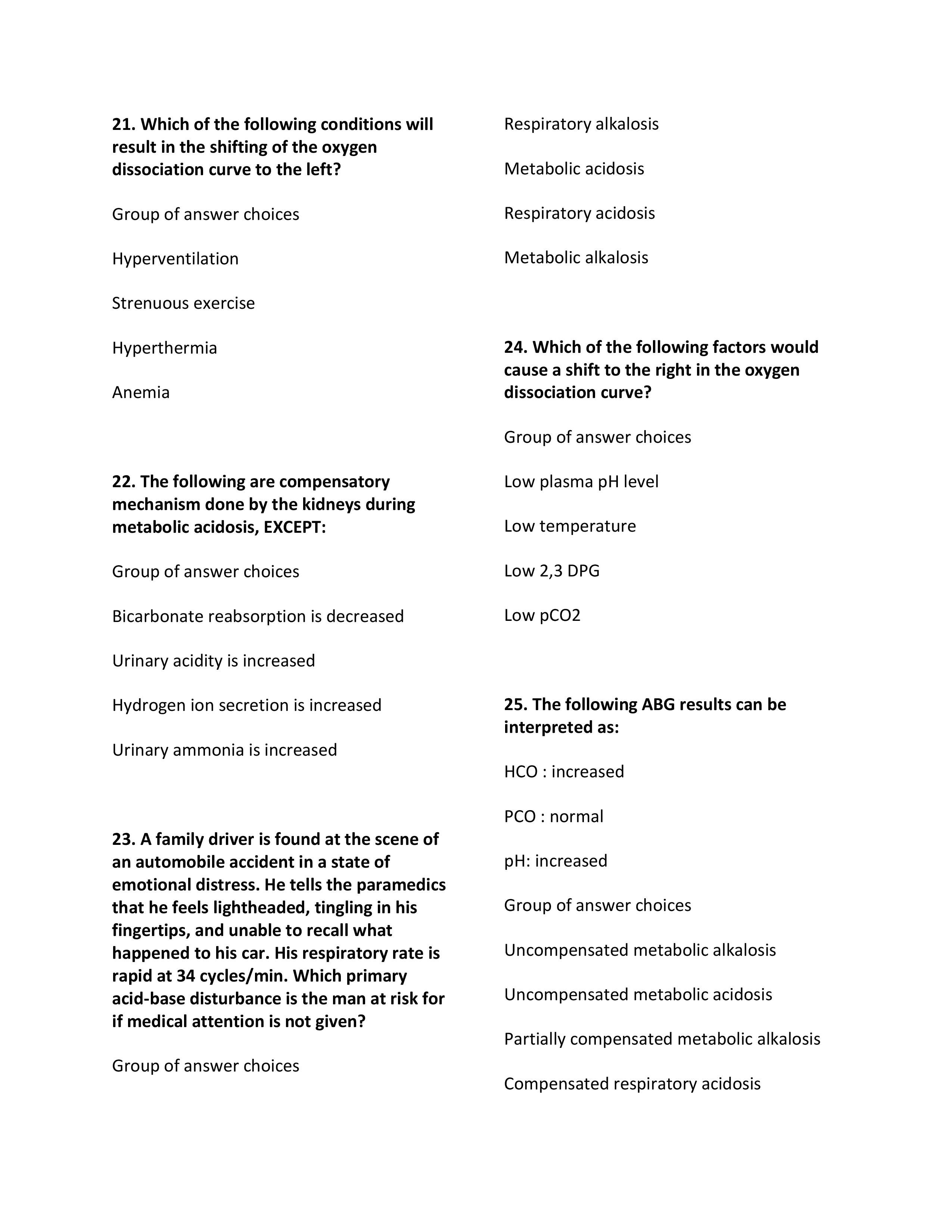 Solved Respiratory alkalosis 21. Which of the following | Chegg.com