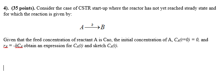 Solved 4). (35 points). Consider the case of CSTR start-up | Chegg.com
