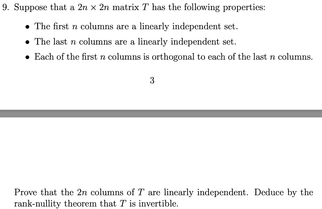 Solved 9. Suppose that a 2n×2n matrix T has the following | Chegg.com