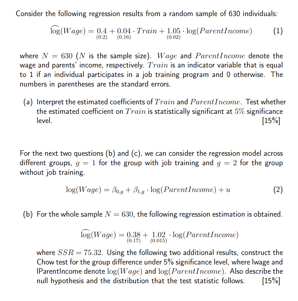 Solved Consider the following regression results from a | Chegg.com