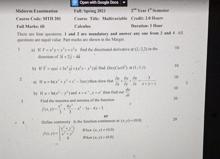Solved Course Code: MIII 201 Course Title: Multivariable | Chegg.com