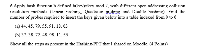 Solved 6.Apply hash function h defined h(key)=key mod 7, | Chegg.com