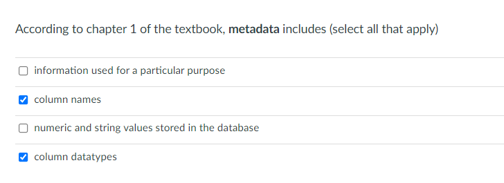 Solved According to chapter 1 of the textbook, metadata | Chegg.com