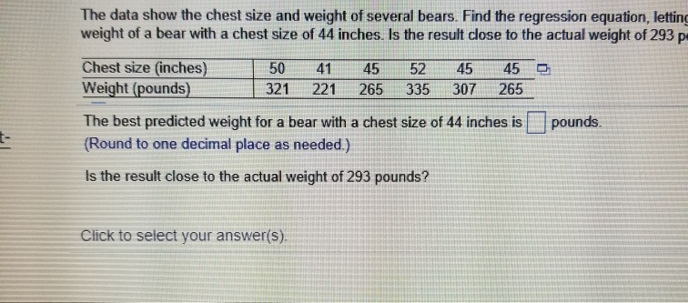 Solved The data show the chest size and weight of several | Chegg.com
