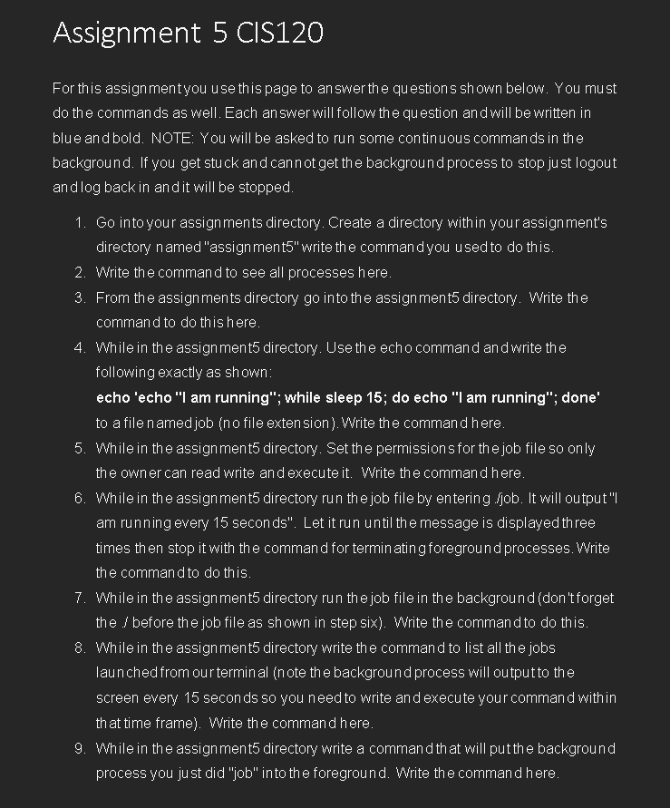 Solved Assignment 5 ClS120 For this assignment you use this | Chegg.com